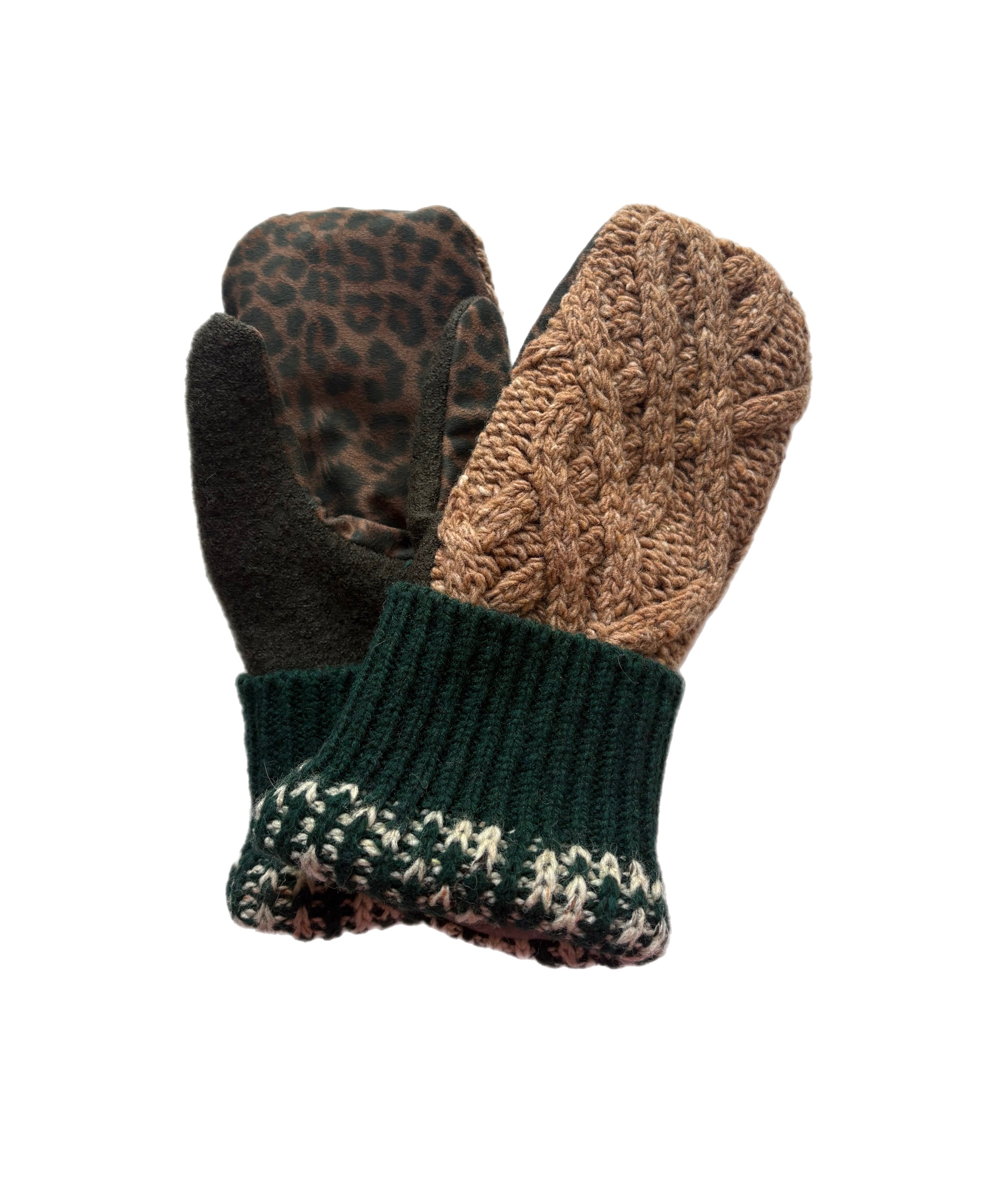 Women's Driving Mittens - Tan Cable Knit with Green & White Pattern wi ...